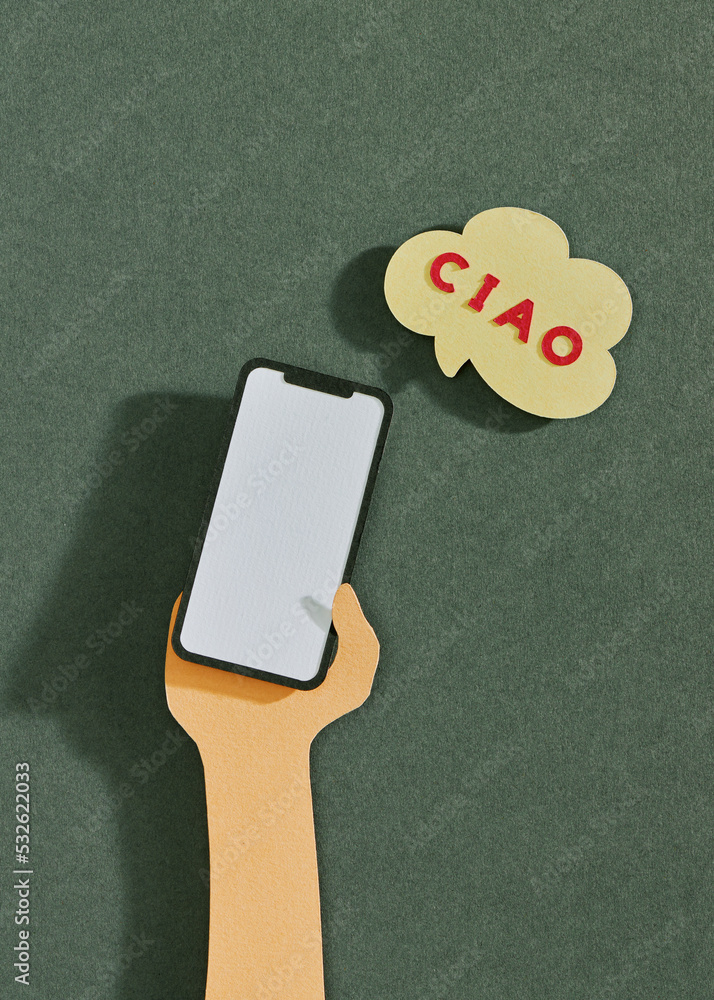 Hands holding phones with dialog speech bubbles with text "ciao" Stock ...