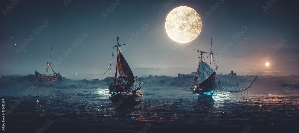 Spectacular digital art 3D illustration of a nighttime scene with a ...