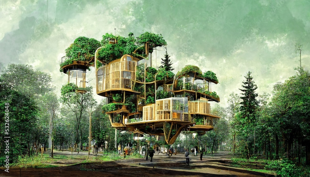 Spectacular image of a sustainable tree house surrounded by greenery in ...