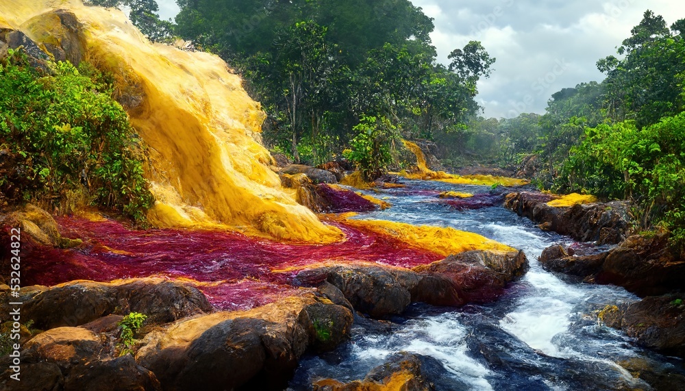 This is a 3D illustration of the river of five colours in Colombia, The ...