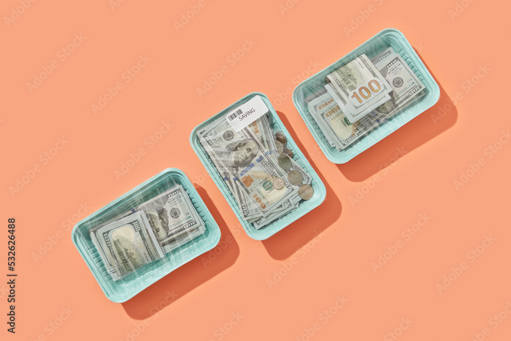 Dollar savings packed inside storage containers. Stock Photo | Adobe Stock
