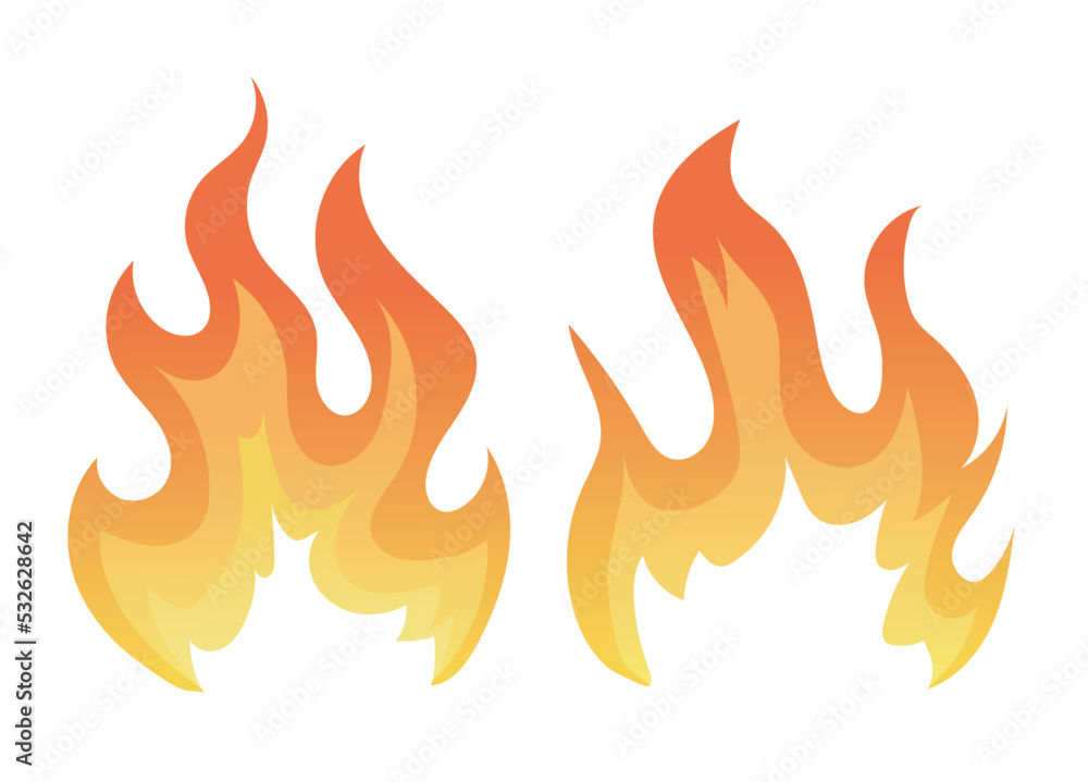 Fire flames, bright fireball, cartoon campfire heat isolated icons set ...