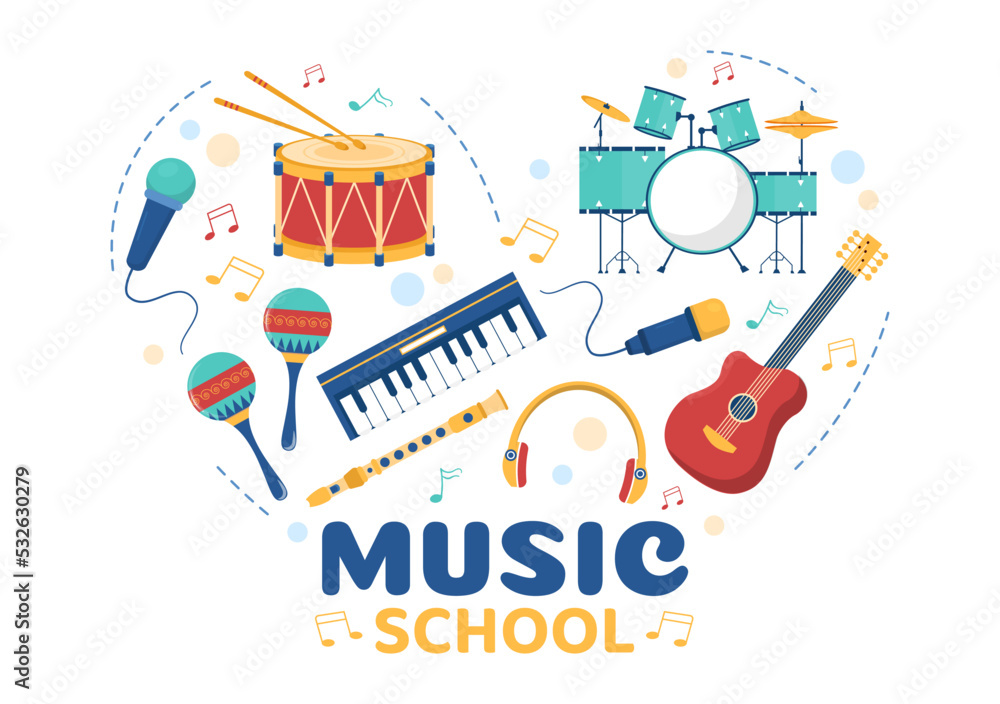 Music School Template In Hand Drawn Cartoon Flat Illustration Playing ...