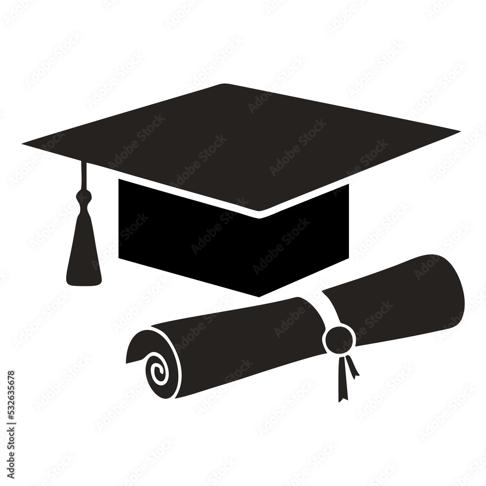 Silhouette of mortarboard and diploma on white background. High school ...