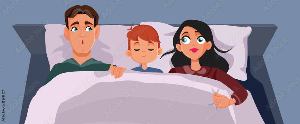 Child Sleeping with His Parents Vector Cartoon Illustration. Stressed ...