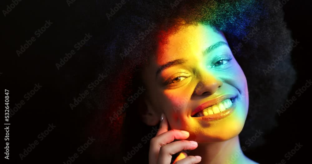 Lgbt rainbow light, black woman beauty and glowing skin, creative ...