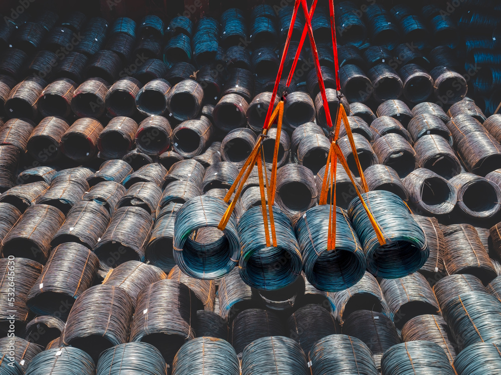Top view of wire rods in coils stowage into cargo hold of the vessel ...