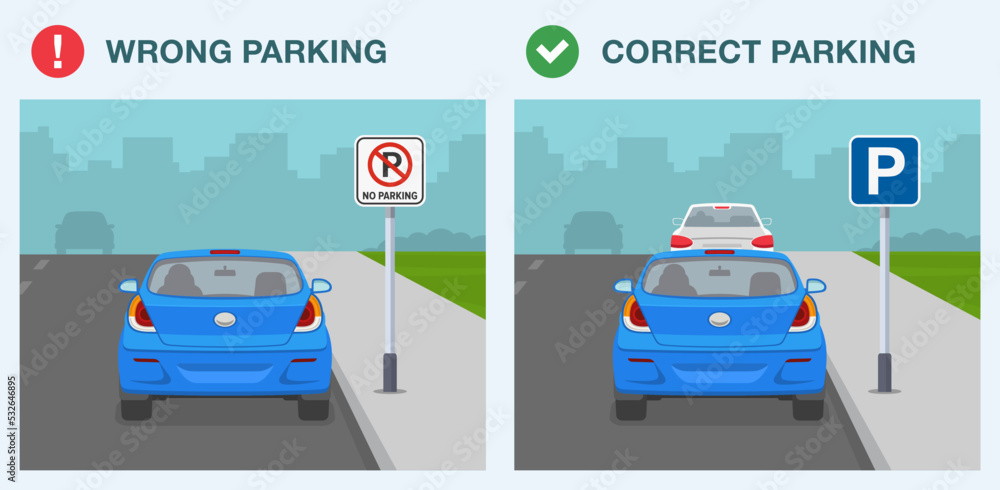 Outdoor parking rules and tips. "Parking area" and "no parking" sign ...