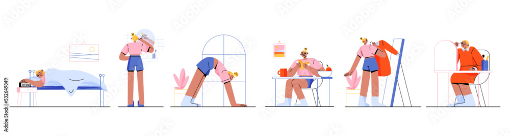 Woman everyday morning routines. Vector flat illustration of girl ...