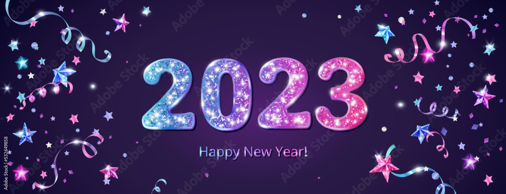 2023 glitter numbers. Blue to pink gradient. Happy new year banner ...