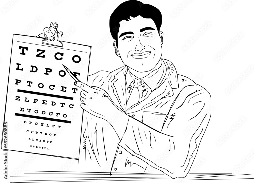 Ophthalmologist holding eye testing chart outline vector illustration ...