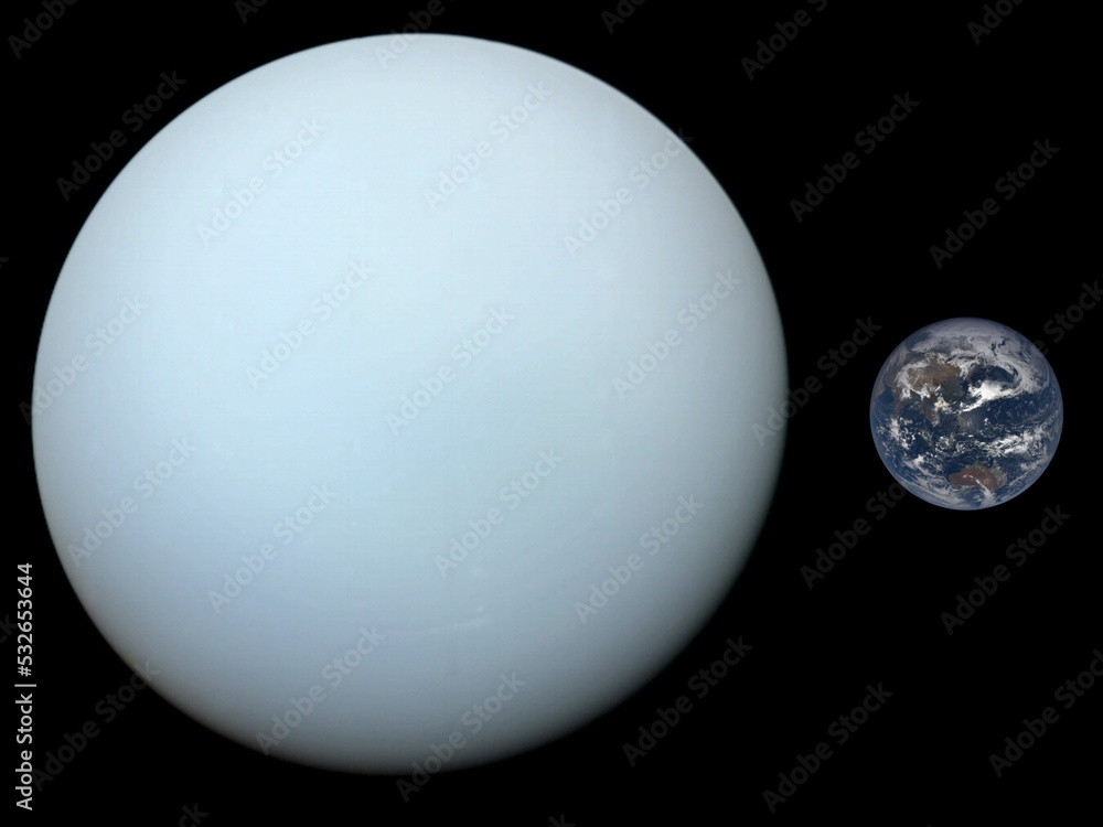 Accurate size comparison of Earth and Uranus. Planets of Solar System. Stock Photo | Adobe Stock