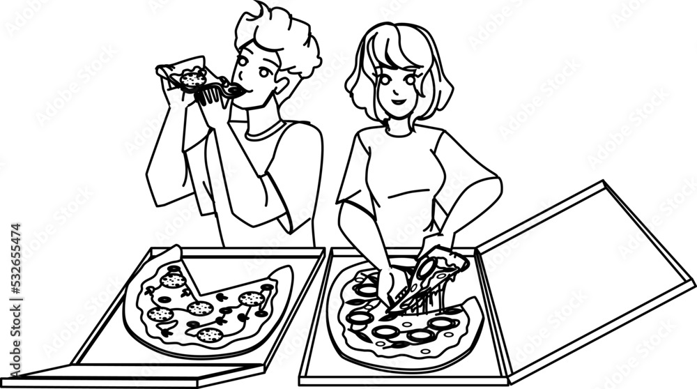 couple eating pizza line pencil drawing vector. food fun home, happy ...