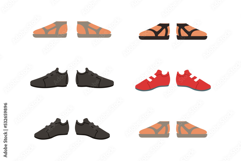 Footwear set. Stylish male and female shoes, sandals and sneakers ...