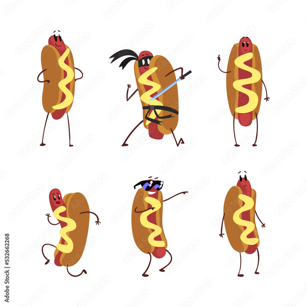 Funny hot dog characters set. Cute fast food in different actions ...