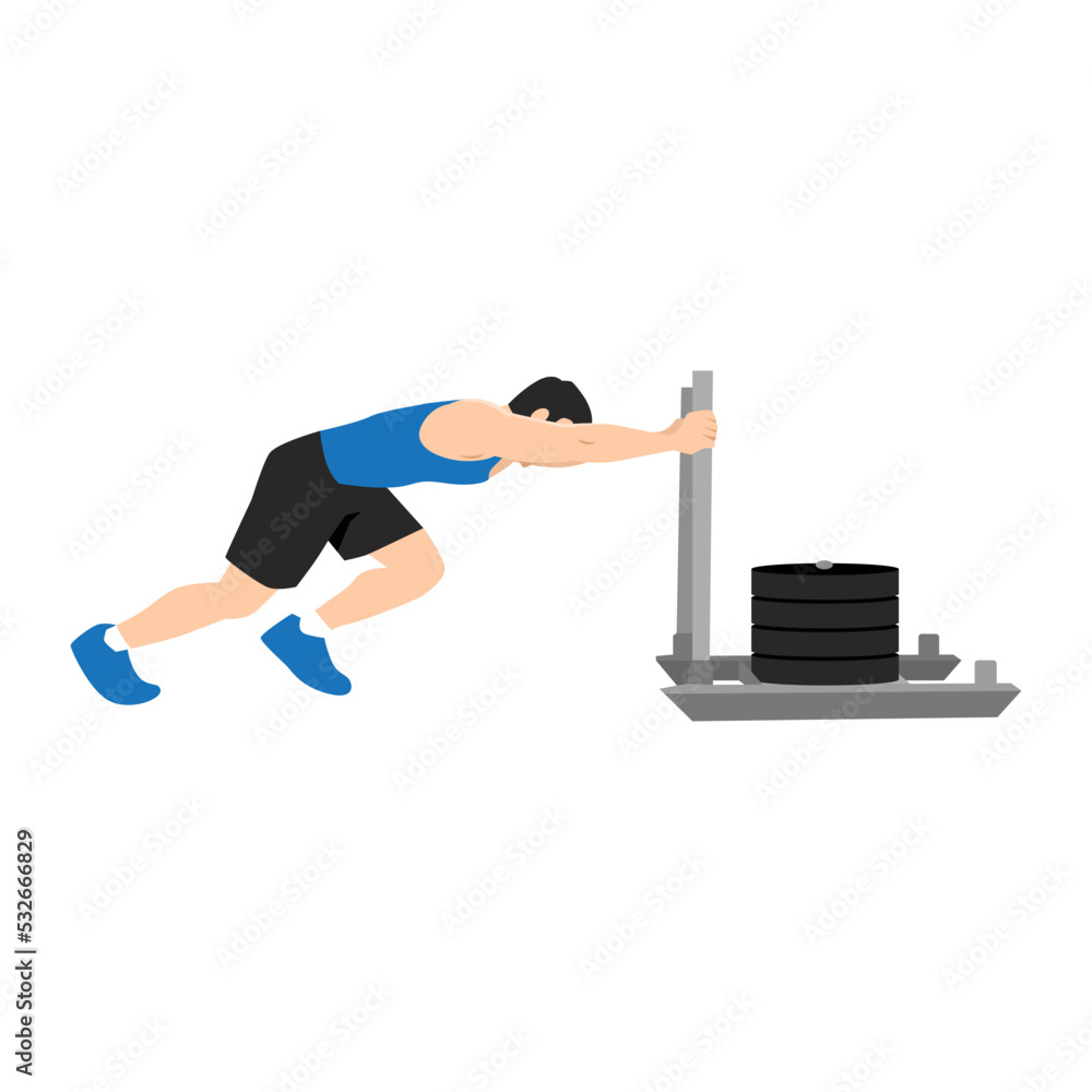 Man doing sled pushed exercise. Flat vector illustration isolated on ...