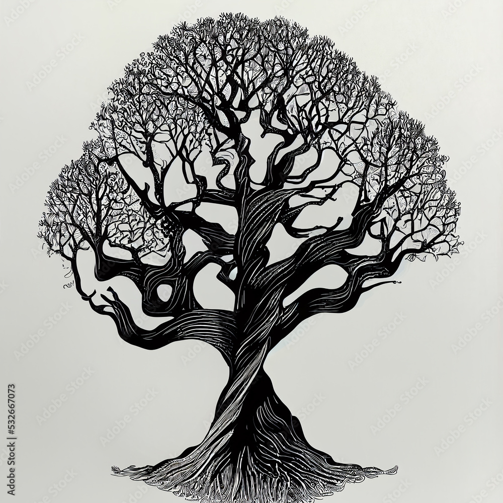 Hand sketch of oak tree, black and white illustration Stock ...