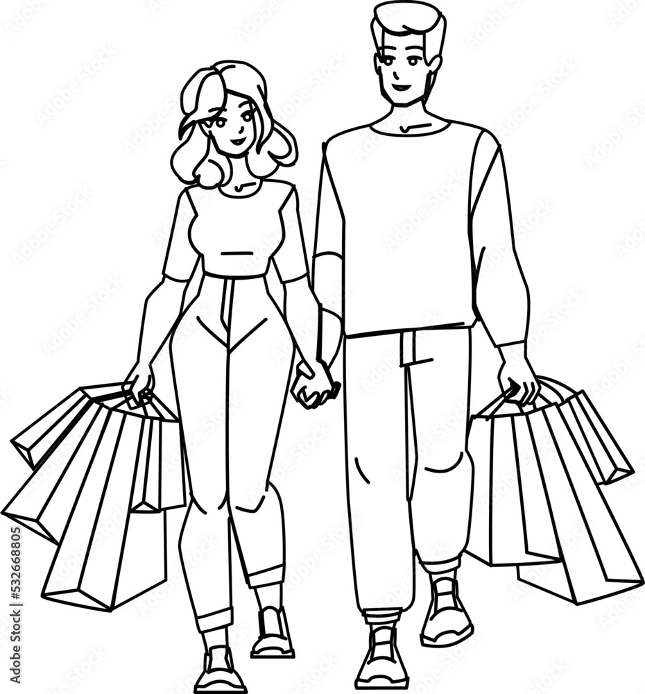 couple shopping line pencil drawing vector. man woman city, love happy ...