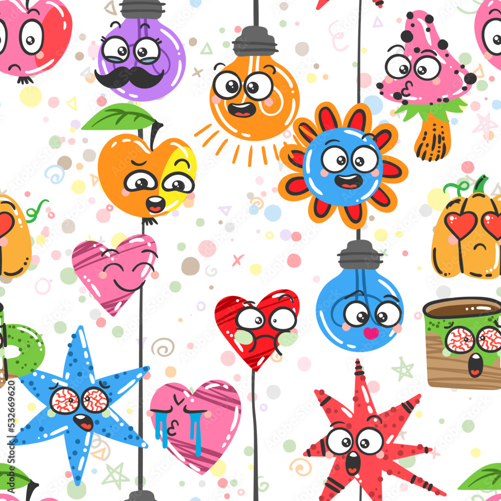 Seamless pattern of Various Cartoon Elements with Emoticons. Doodle ...