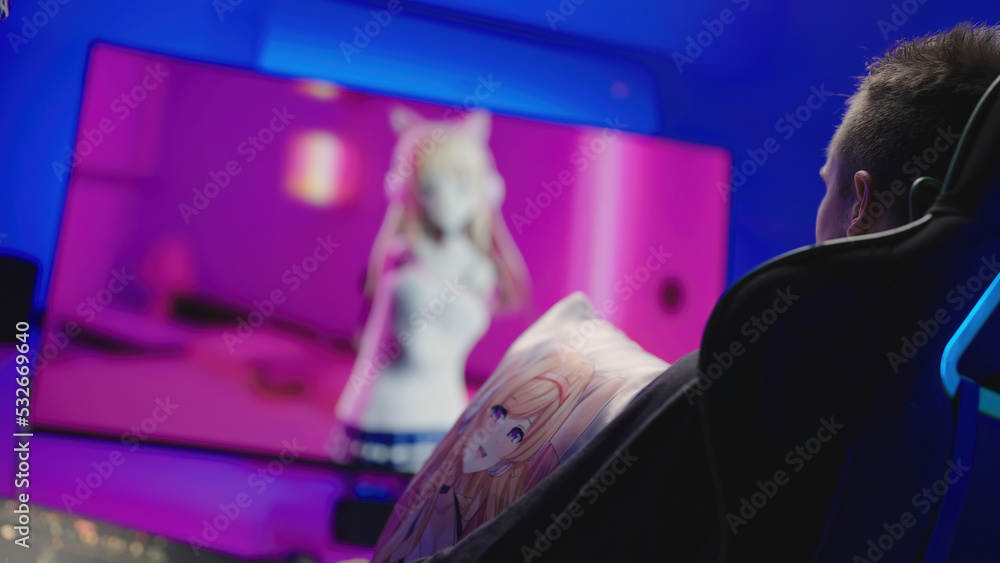 Man watch anime tv show with dakimakura hug pillow anime girl on gaming ...