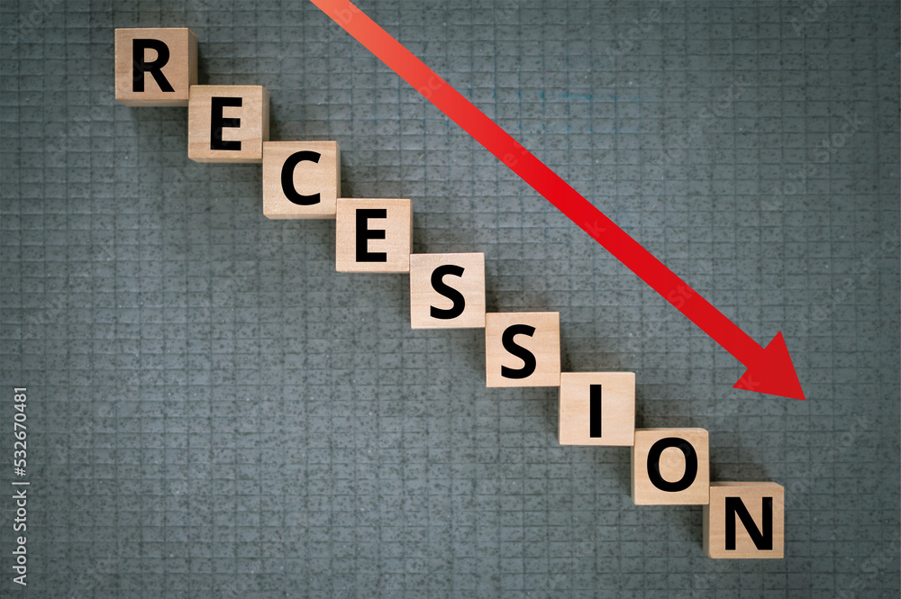 Recession on diagonal blocks with red chart arrow on grid background ...