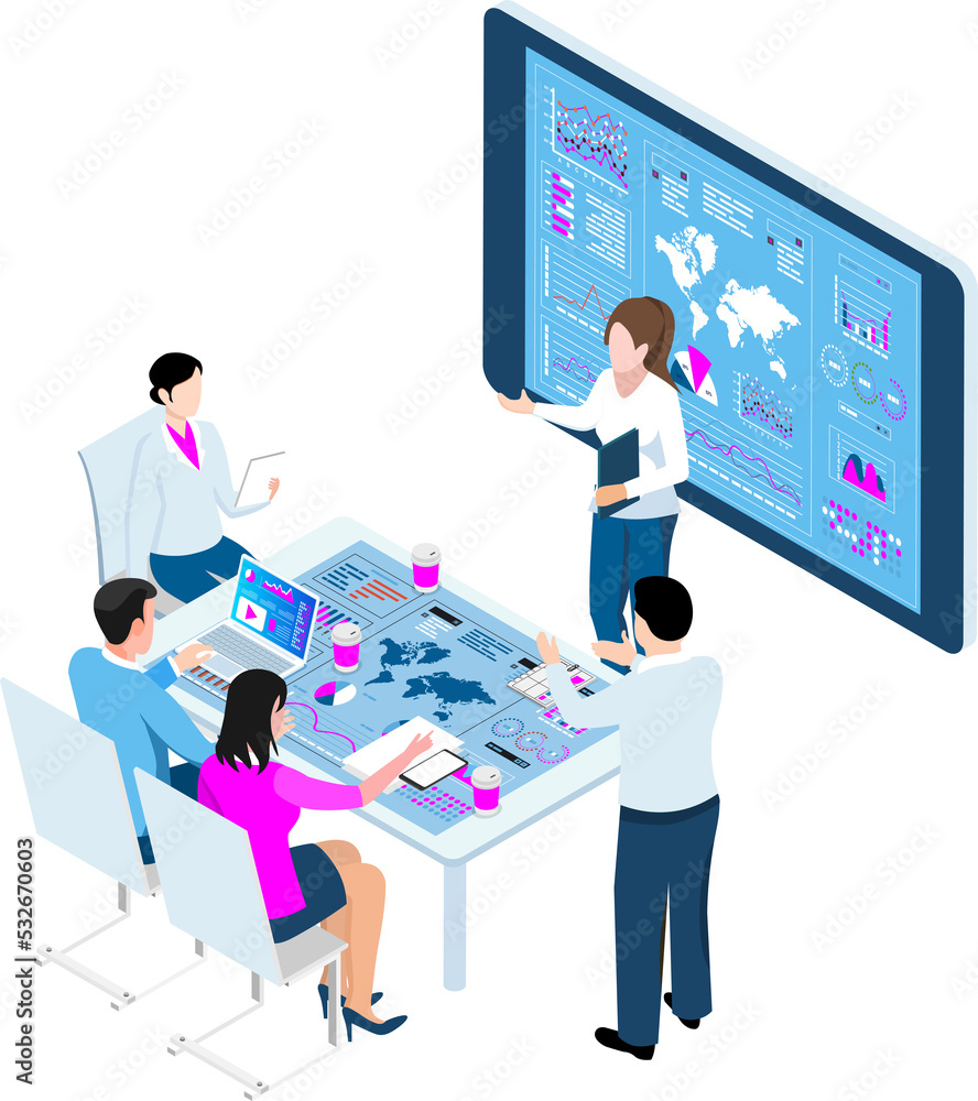 3D Isometric Analysis Teamwork concept with business people team ...
