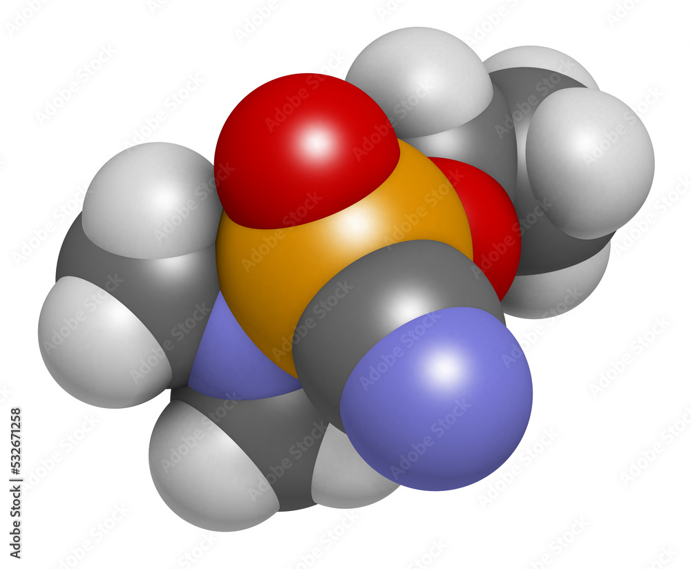 Tabun nerve agent molecule (chemical weapon). 3D rendering. Atoms are ...