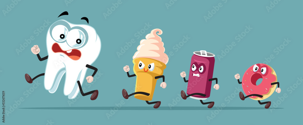 Fearful Tooth Running Away from Fast Food Items Vector Cartoon. Scared ...