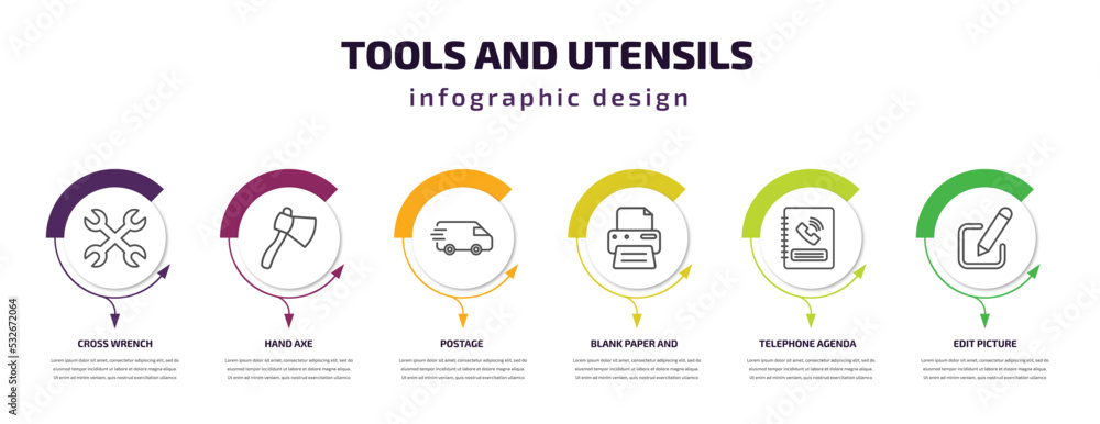 tools and utensils infographic template with icons and 6 step or option ...