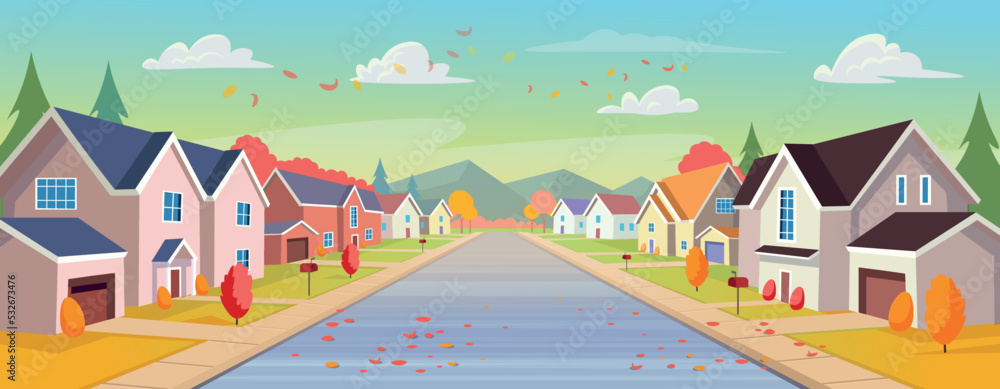 Suburban houses, street with cottages with garages an autumn. A street ...