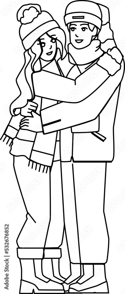 couple winter line pencil drawing vector. happy man woman, young ...