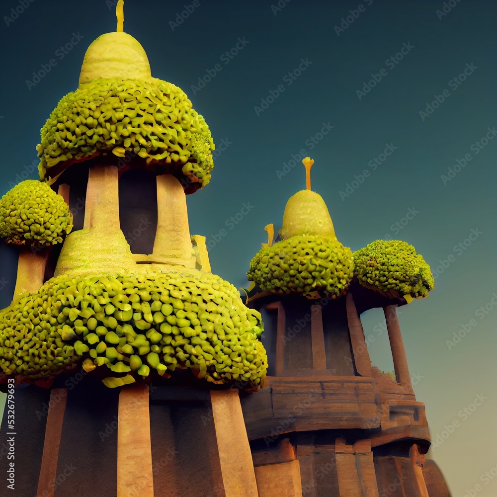 Cartoon style temple surrounded with broccoli Stock Illustration ...