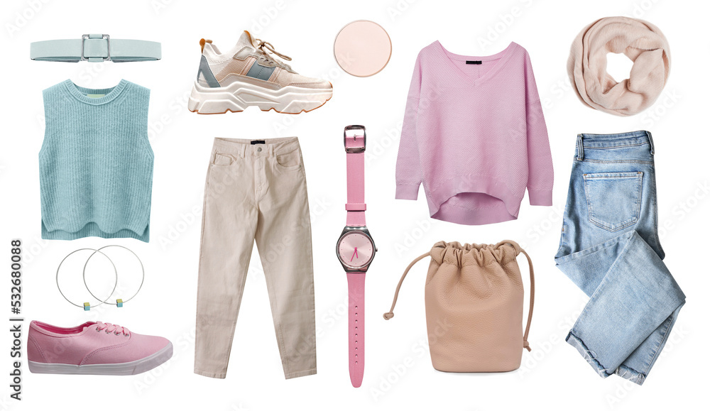 Soft colors women's clothes set isolated on white. Fashion trendy ...