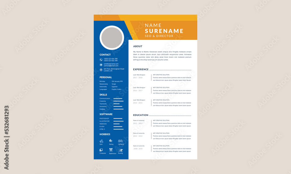 Clean Curriculum Vitae Layout Stock Vector | Adobe Stock