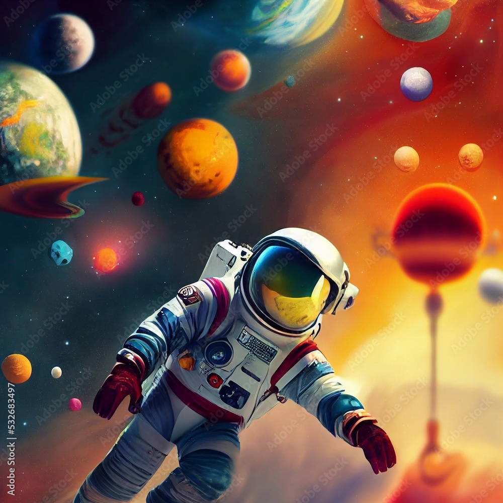 Cartoon style astronaut in space, colorful background Stock ...