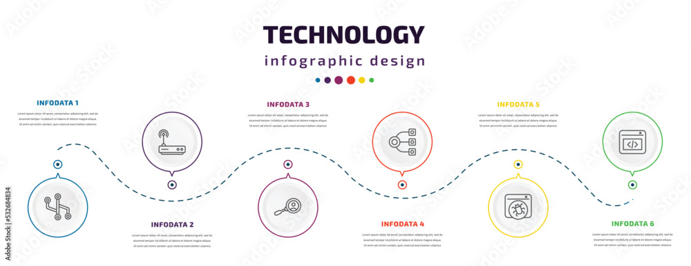 technology infographic element with icons and 6 step or option. technology icons such as version ...