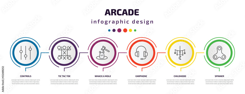 arcade infographic template with icons and 6 step or option. arcade ...