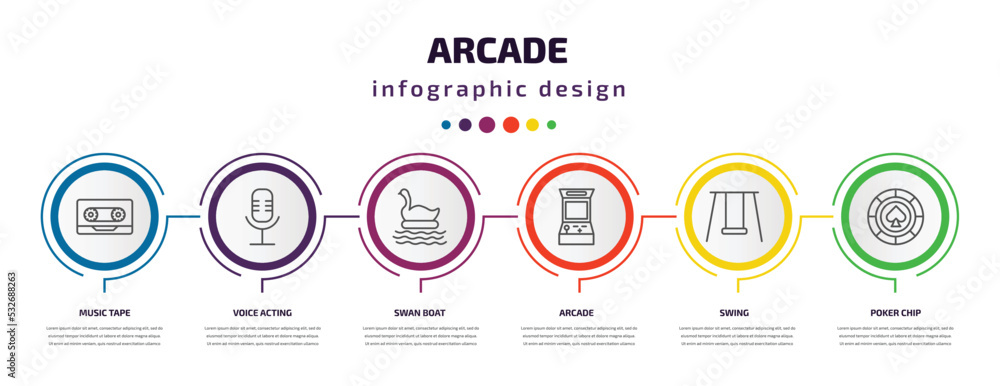 arcade infographic template with icons and 6 step or option. arcade ...