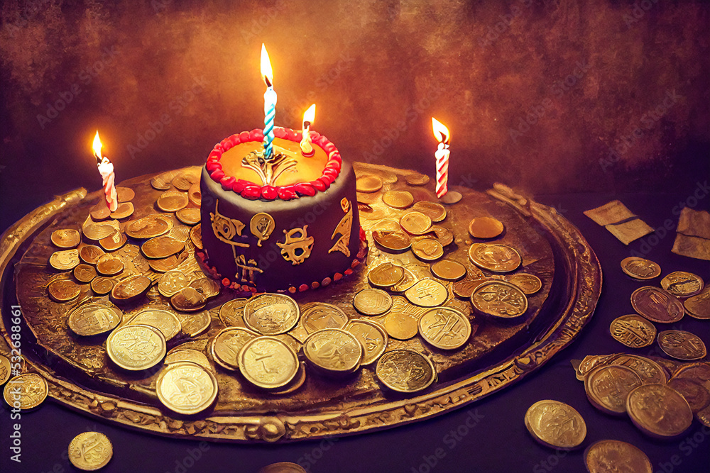 Golden birthday cake, covered with gold coins and treasure, for a child ...
