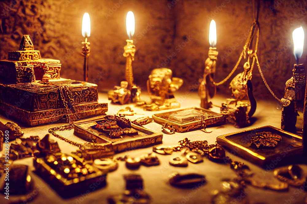 Gold treasure of Maya or Aztec, Gold jewelry, precious and ancient ...