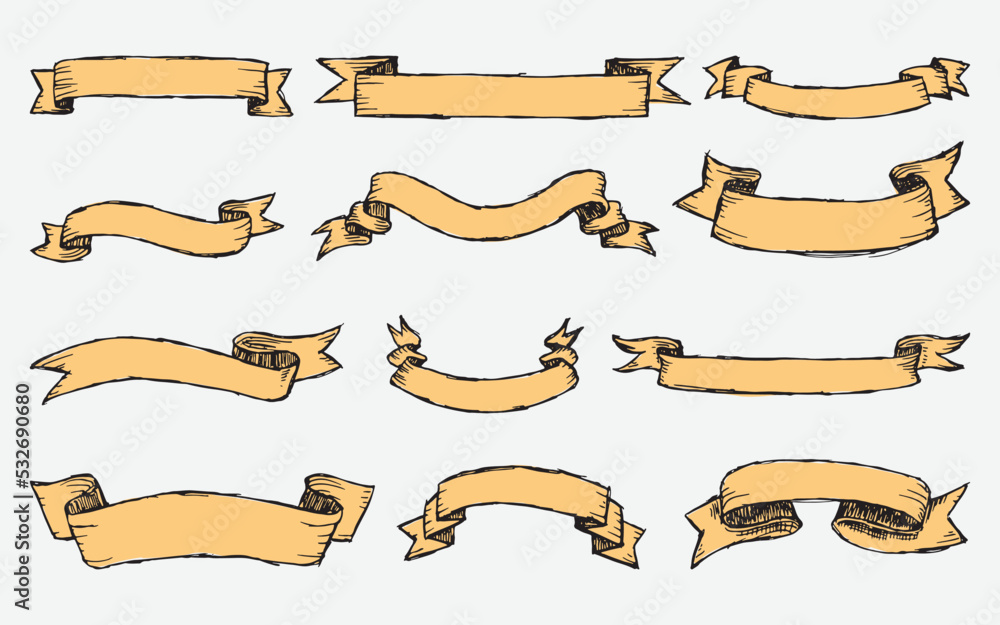 Hand drawn set of different ribbons. Design elements for greeting cards ...