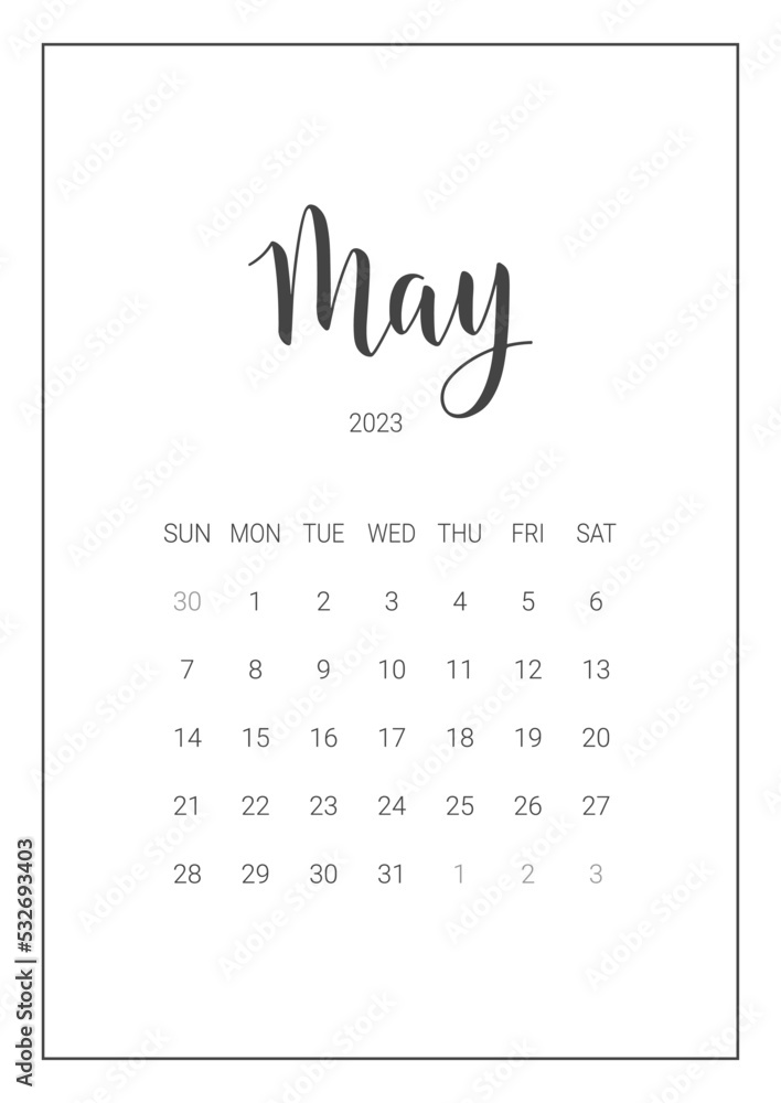 Vector Calendar Planner for May 2023. Handwritten lettering. Week ...