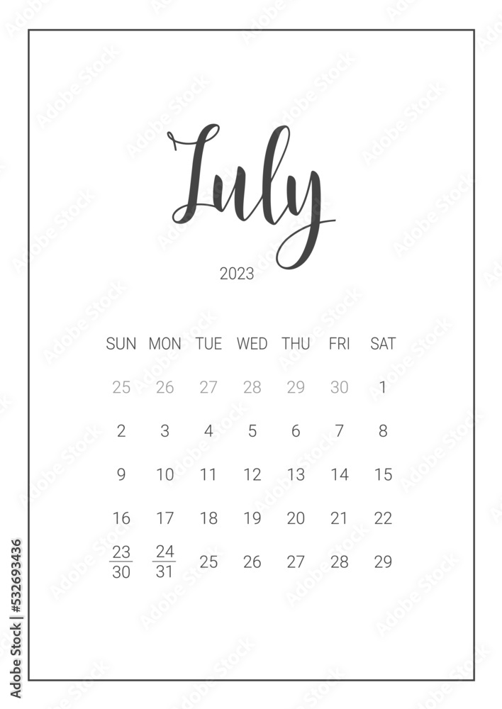 Vector Calendar Planner for July 2023. Handwritten lettering. Week ...