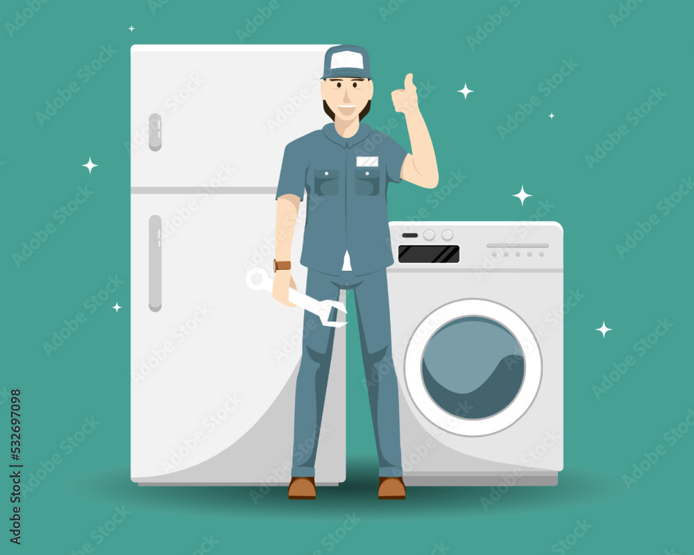 Cartoon vector illustration, Home appliance repair technician service ...