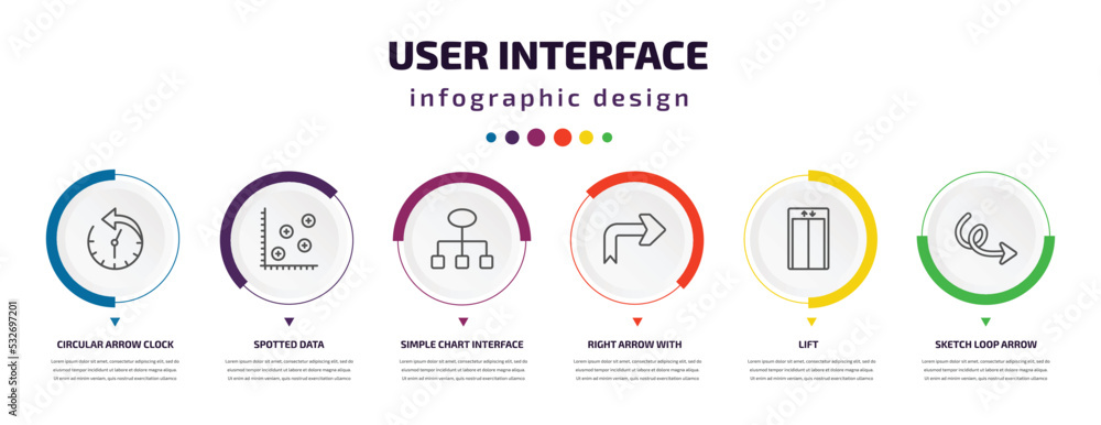 user interface infographic element with icons and 6 step or option. user interface icons such as ...