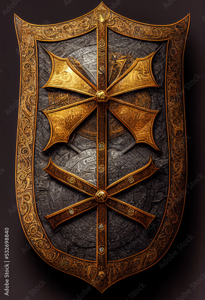 Renaissance Shield with golden and bronze ornaments and a pointy ...