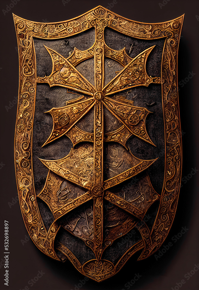 Renaissance Shield with golden and bronze ornaments and a pointy ...