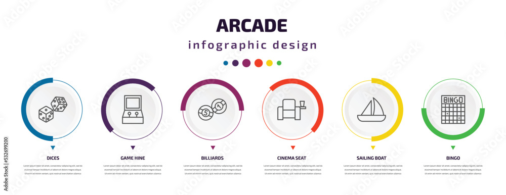 arcade infographic element with icons and 6 step or option. arcade ...