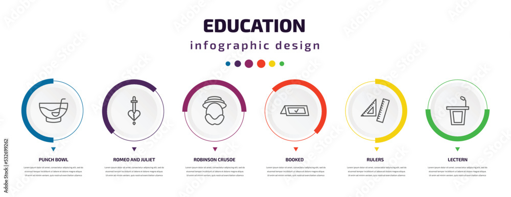 education infographic element with icons and 6 step or option ...