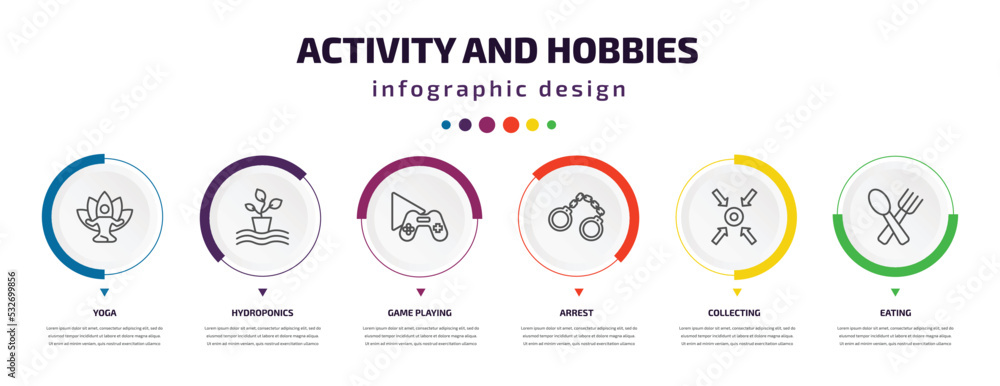 activity and hobbies infographic element with icons and 6 step or ...